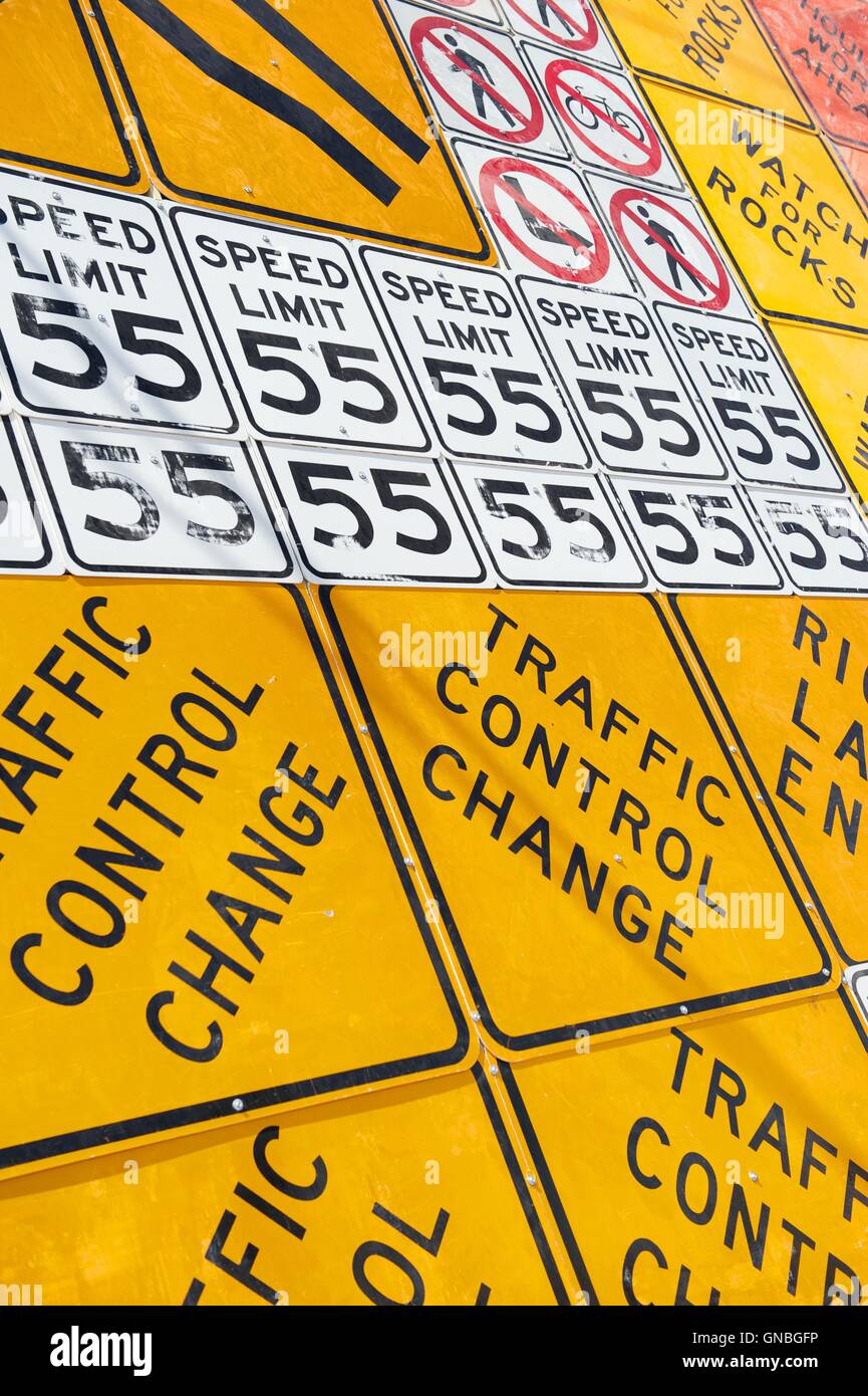 Wall of Road Warning Signs Stock Photo - Alamy