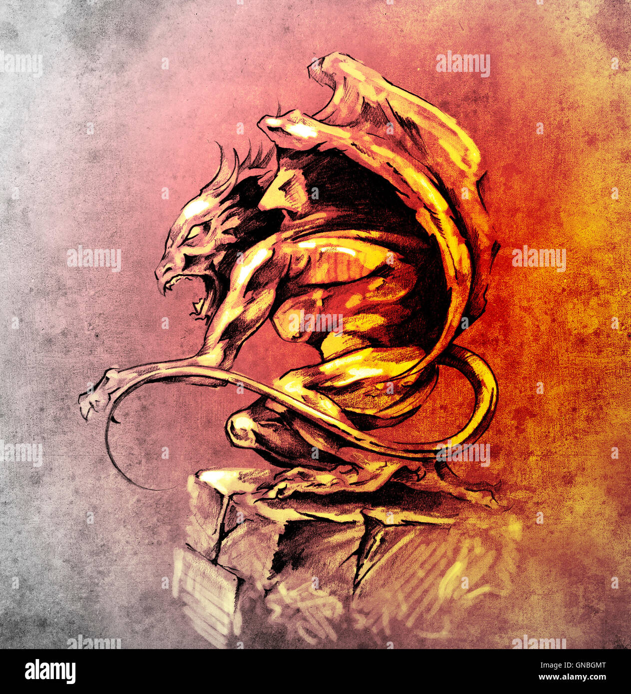 Sketch of tattoo art, gargoyle demon, design elements over vinta Stock ...