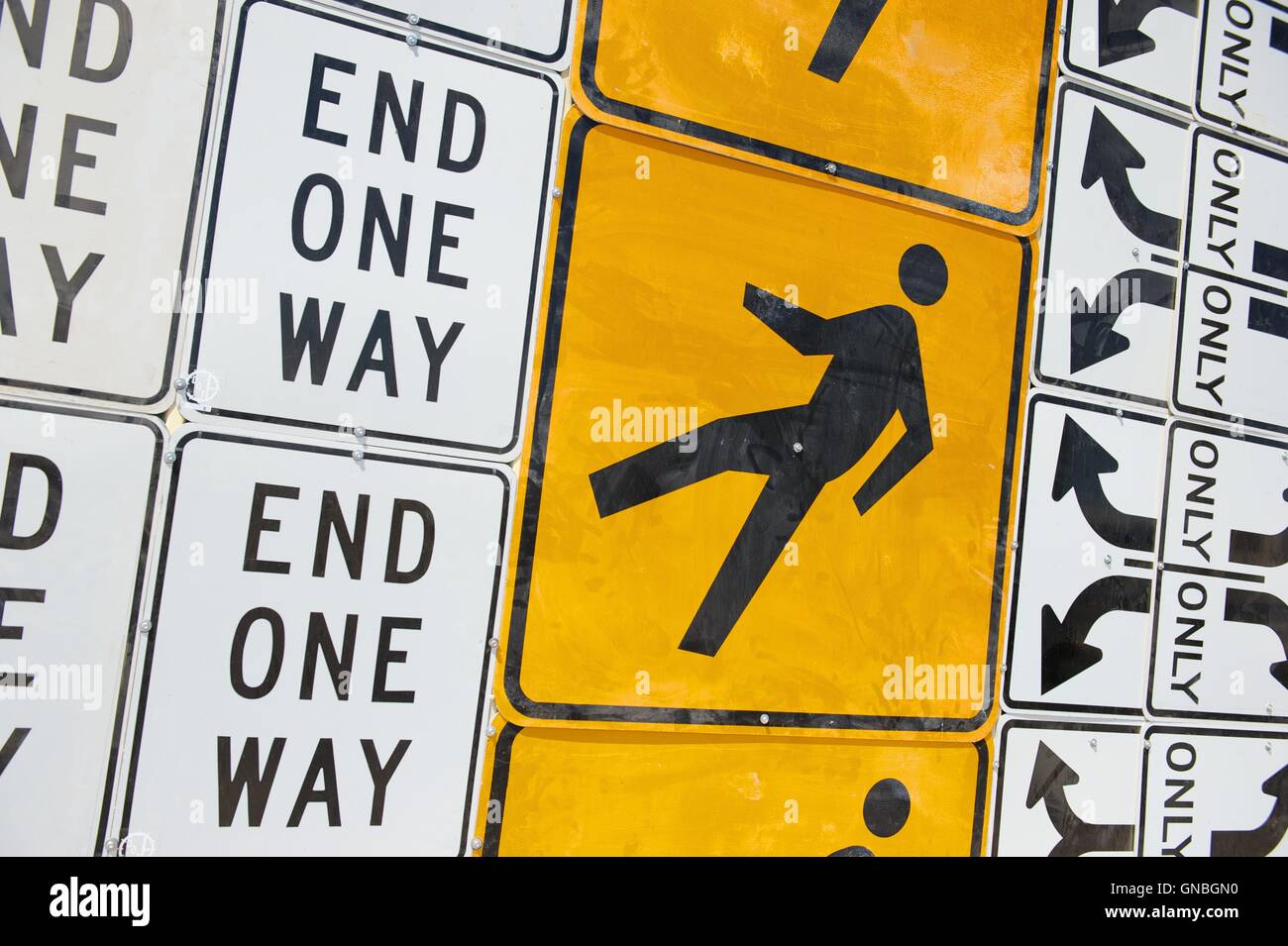 Wall of Road Warning Signs Stock Photo - Alamy