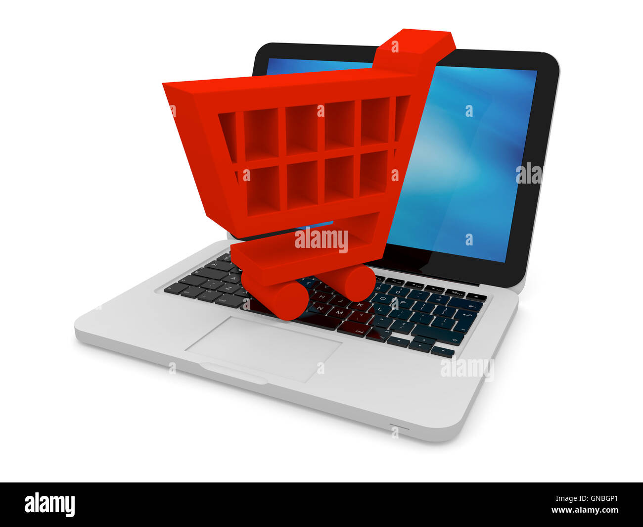 Red shopping trolley on laptop Stock Photo - Alamy