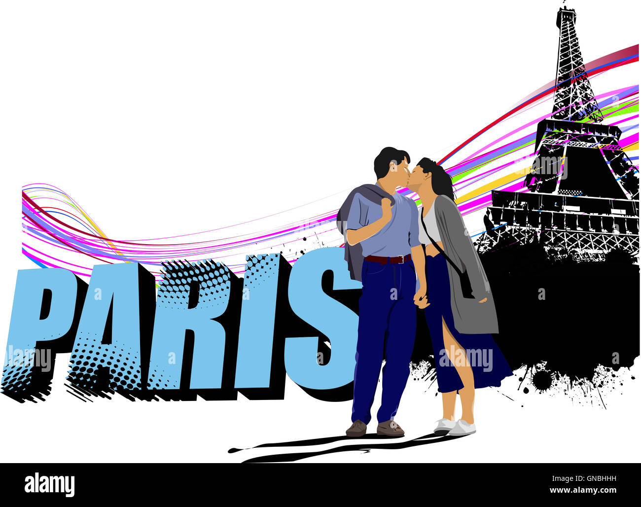 3D word Paris on the Eiffel tower grunge background with kissing Stock ...