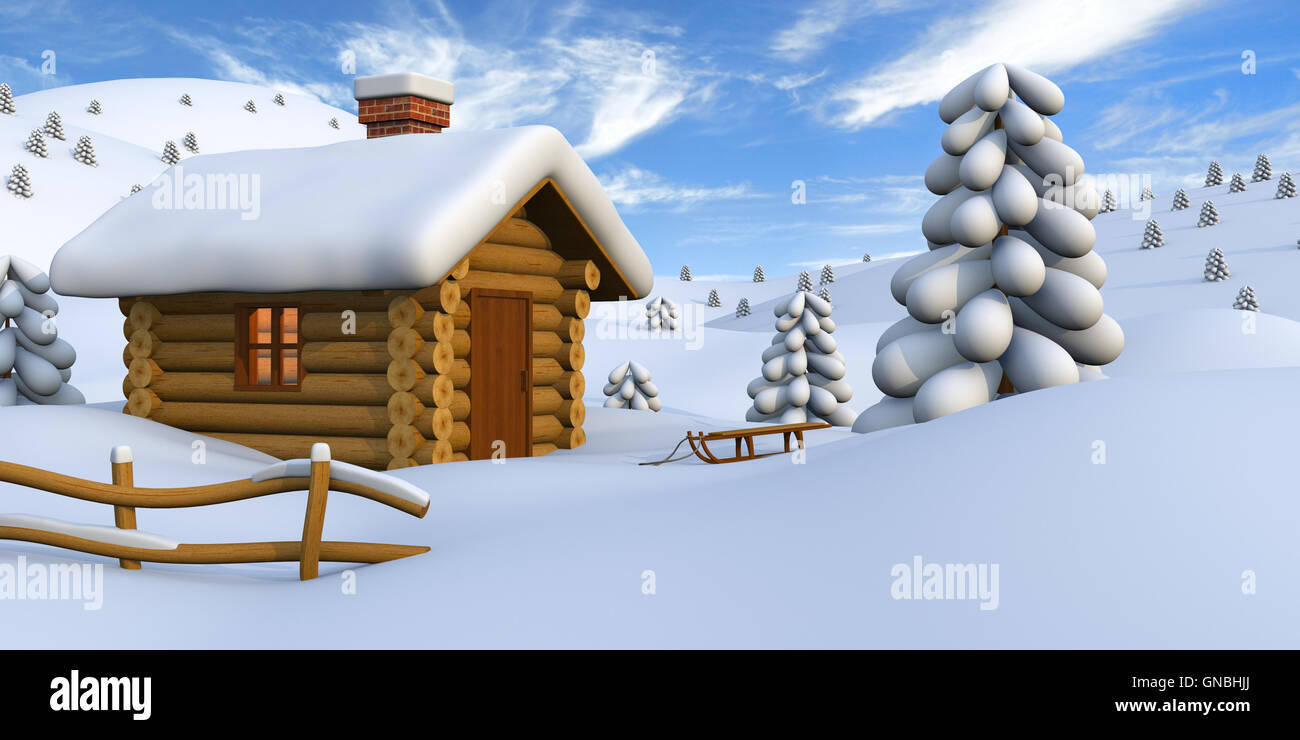 Log cabin in snowy countryside Stock Photo - Alamy