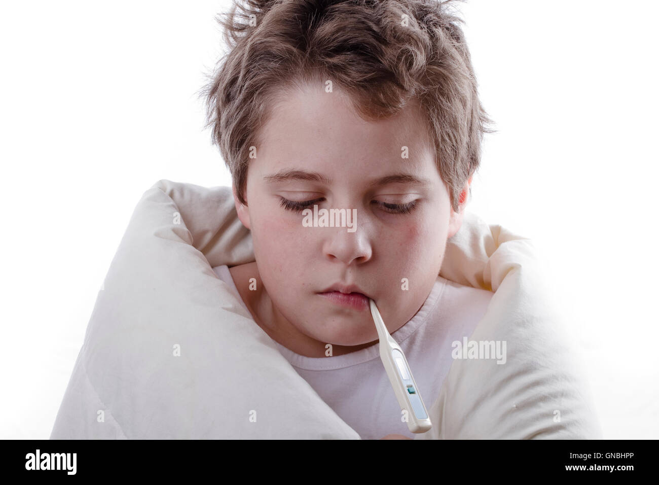 Young patient with fever, with digital thermometer and white bla Stock ...