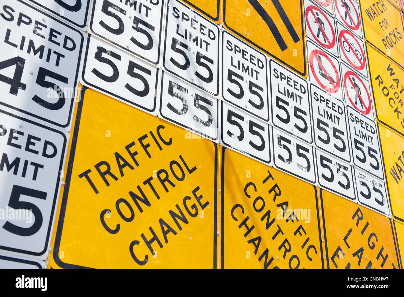 Wall of Road Warning Signs Stock Photo - Alamy