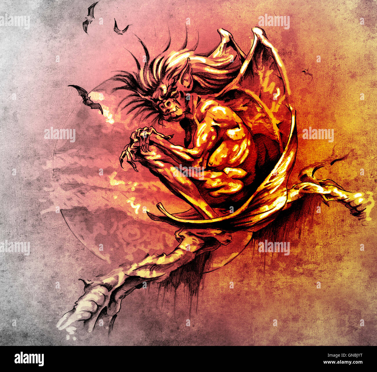 Sketch of tattoo art, gargoyle monster sitting in a tree Stock Photo ...