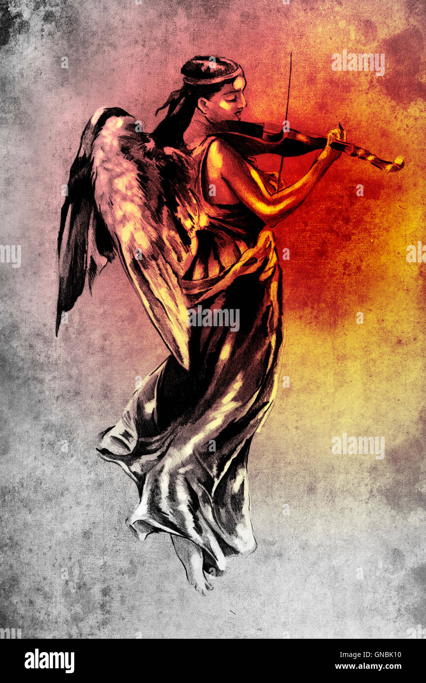 Sketch of tattoo art, angel with violin over colorful background Stock ...