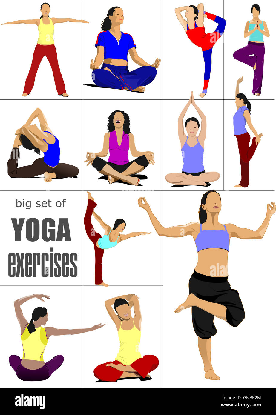 Big set of Yoga exercises - vector poster Stock Photo - Alamy