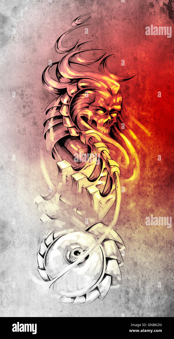 Tattoo art, animal monster and machine gears Stock Photo - Alamy
