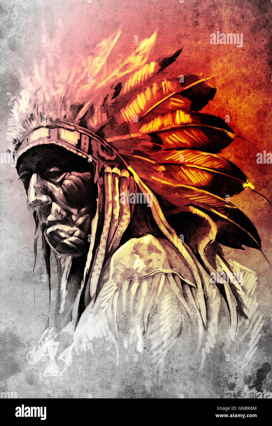 Sketch of tattoo art, indian head Stock Photo - Alamy
