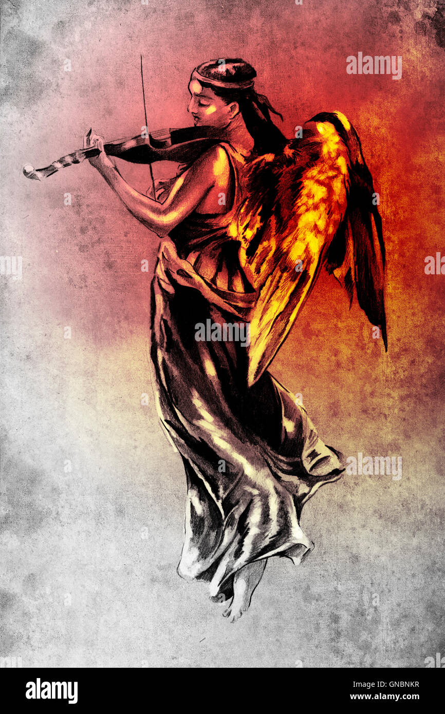 Sketch of tattoo art, music angel with violin Stock Photo - Alamy