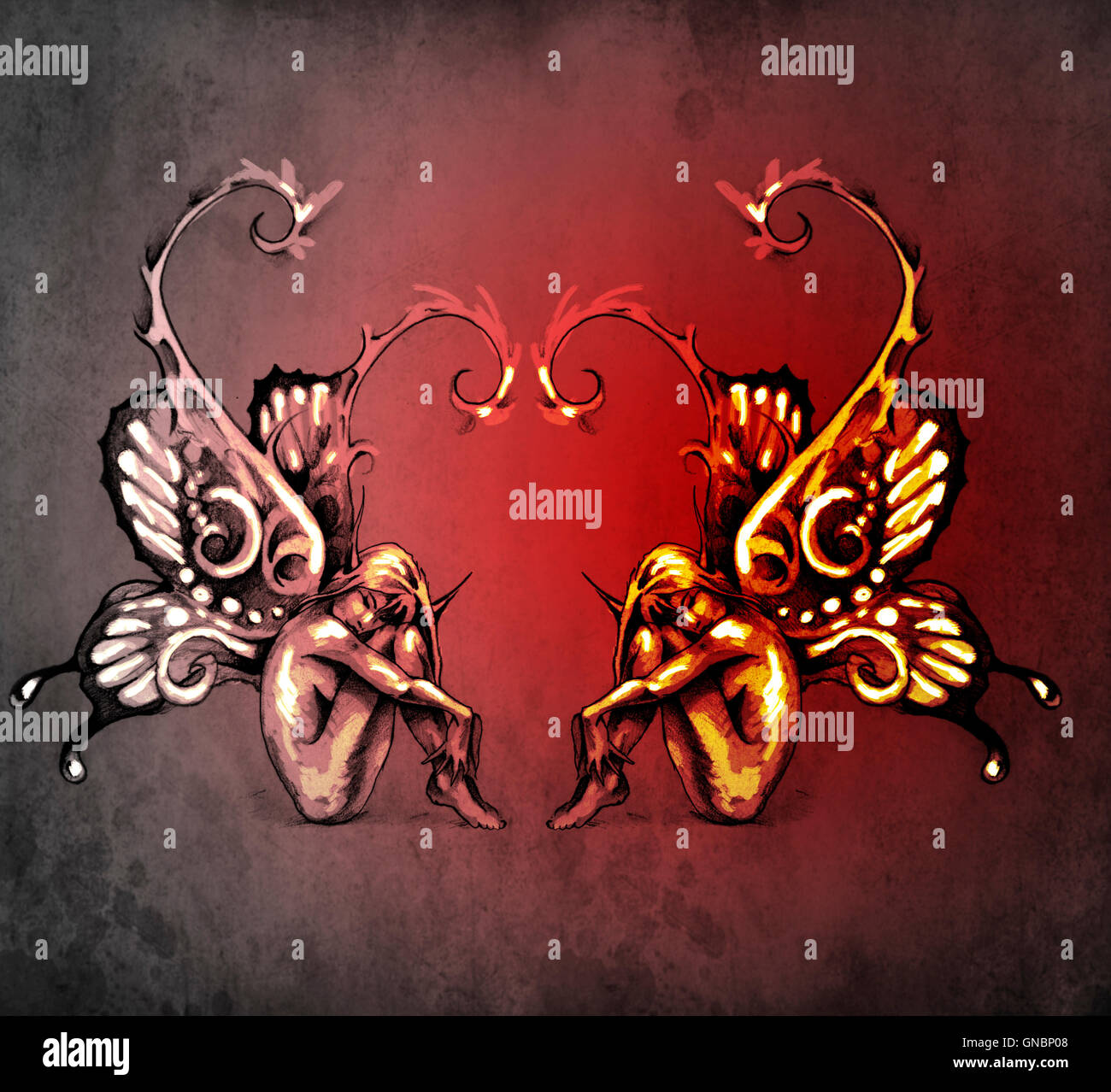 Duality concept tattoo, two fairy on blue vintage background Stock ...