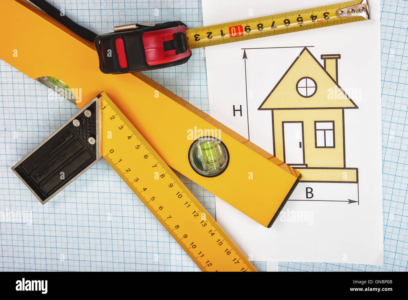drawing at home with construction tools Stock Photo - Alamy