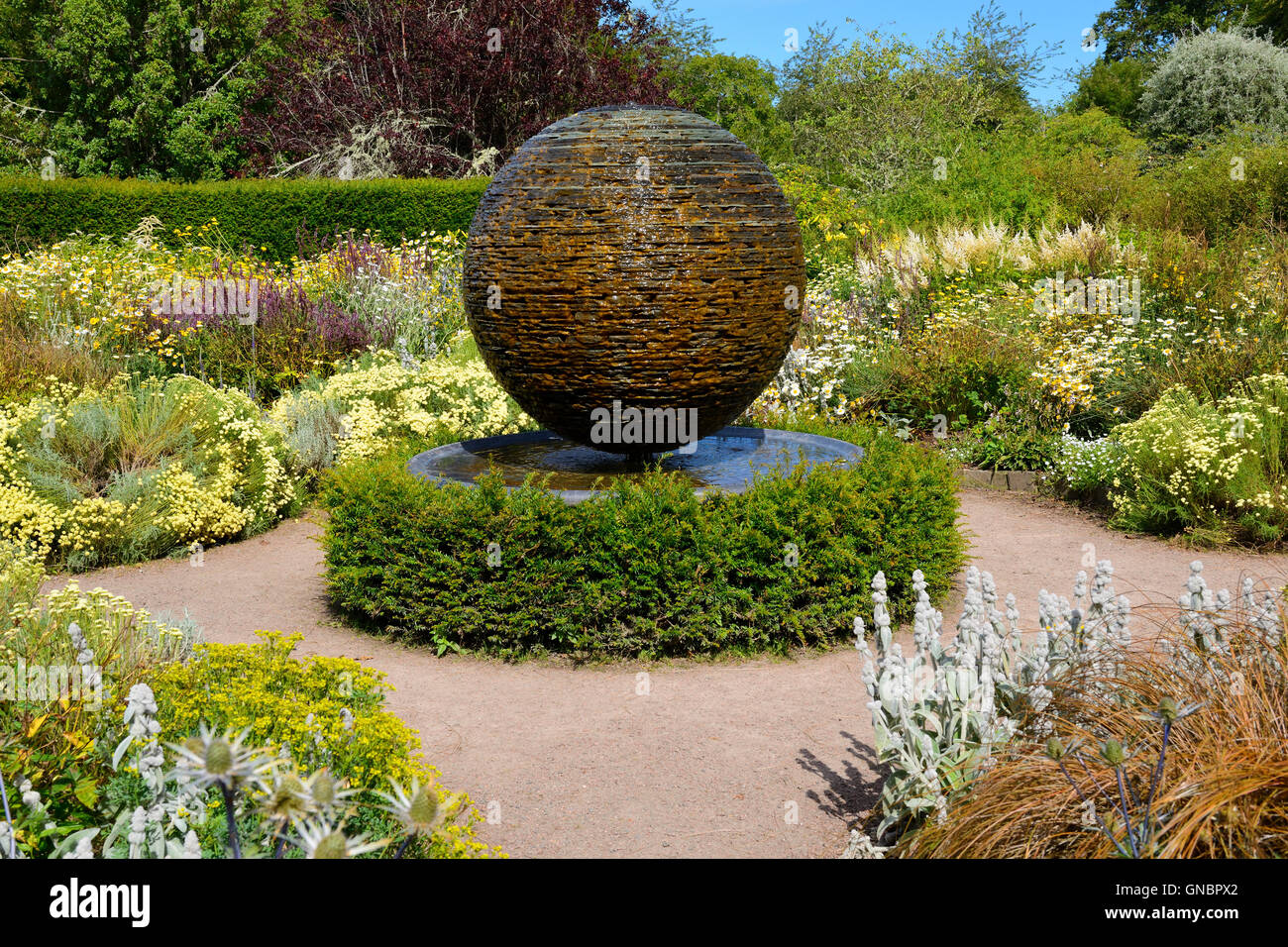 Fountain in flower garden at Cawdor Castle near Nairn in Inverness ...