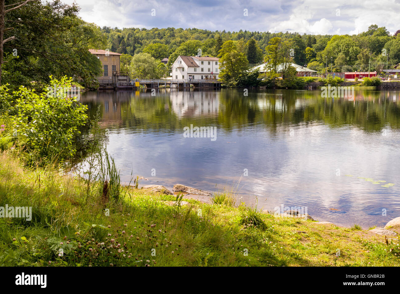 Tranquil swedish landscape view over lake Sävelången, the hydroelectric ...