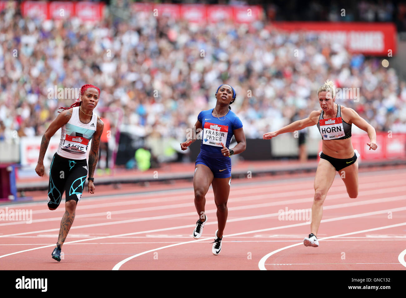 Michelle-Lee AHYE, Shelly-Ann FRASER-PRYCE & Carina HORN crossing the ...