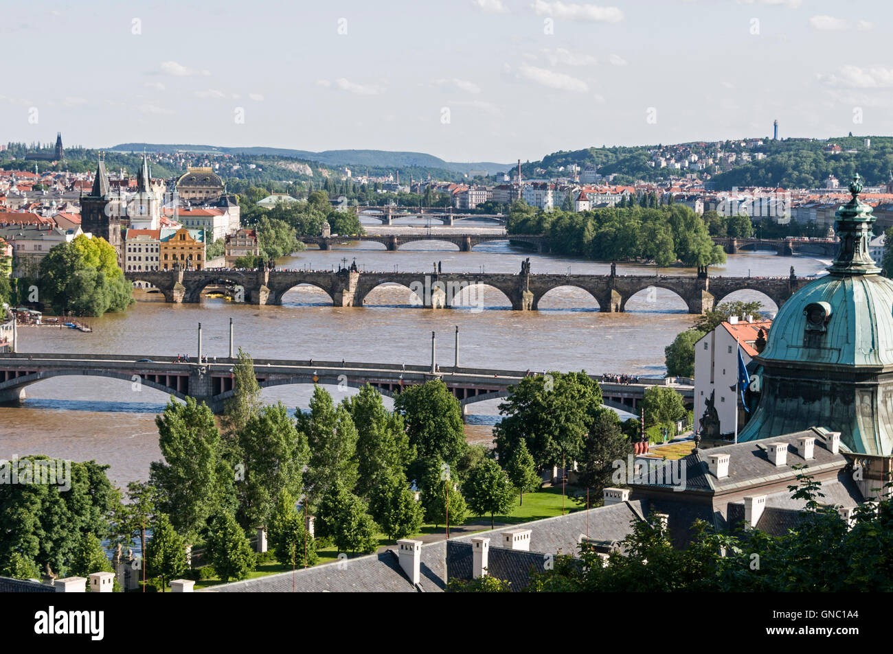 Skyline of the River Vltava, Manesuv most ( bridge) and the Charles ...