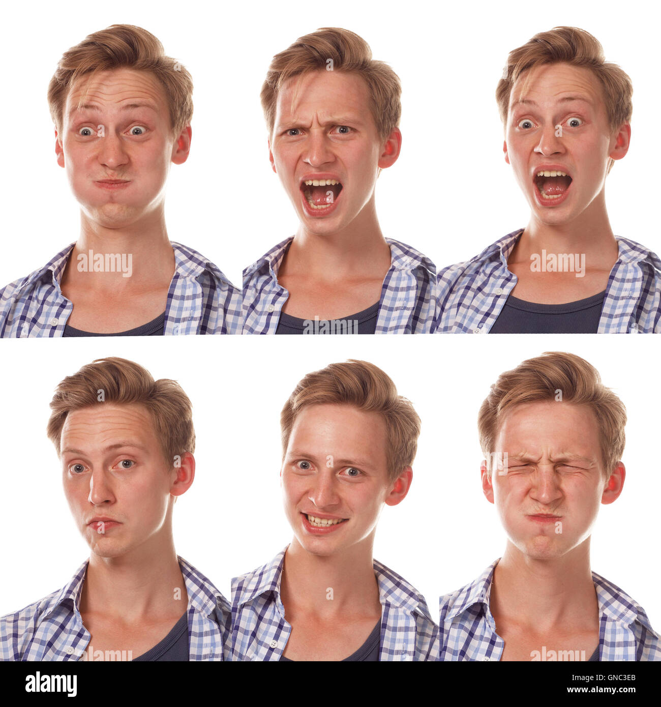 Young emotional man close up portrait, collage, isolated on white Stock ...