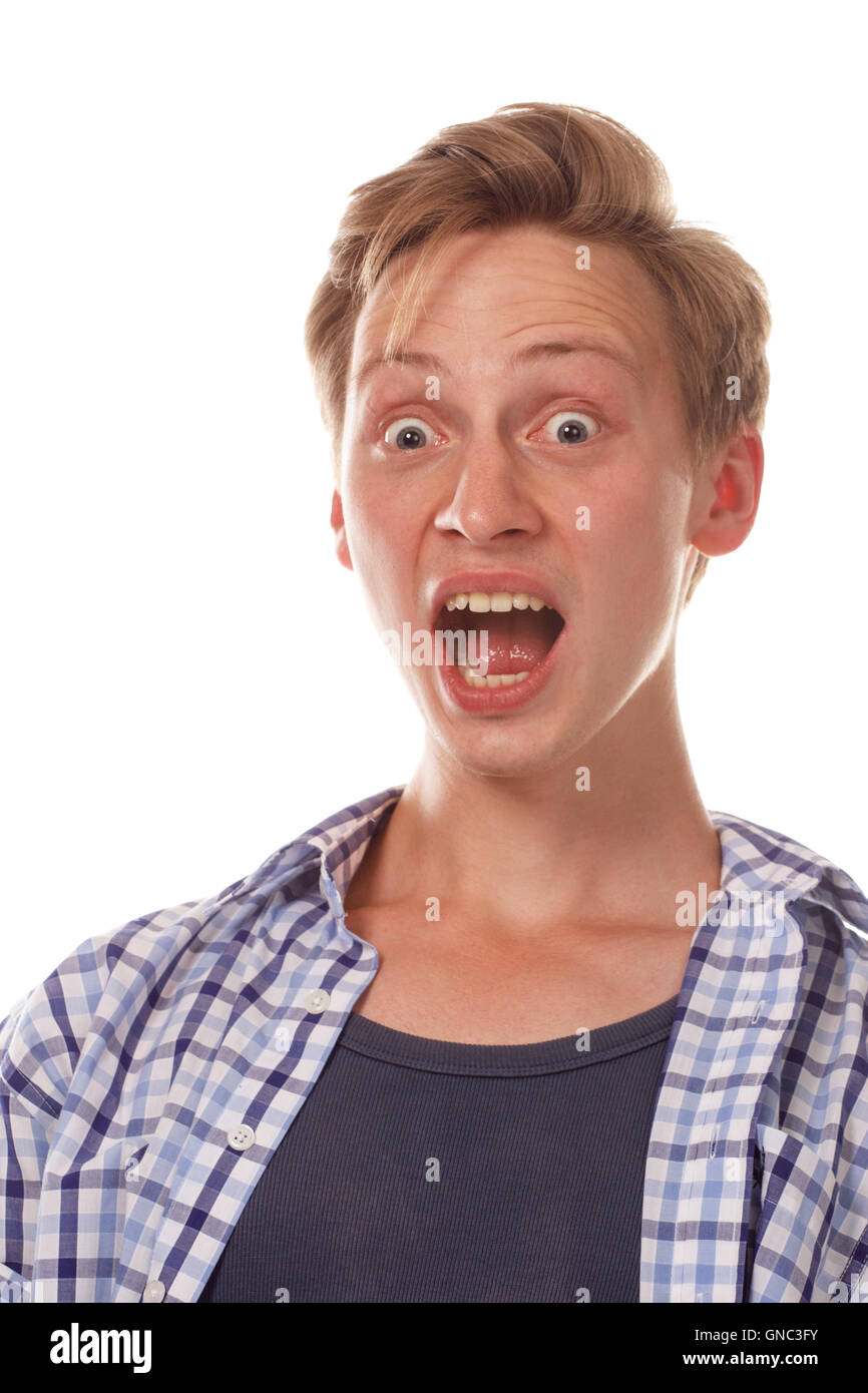 Surprised guy portrait. Isolated on white Stock Photo - Alamy