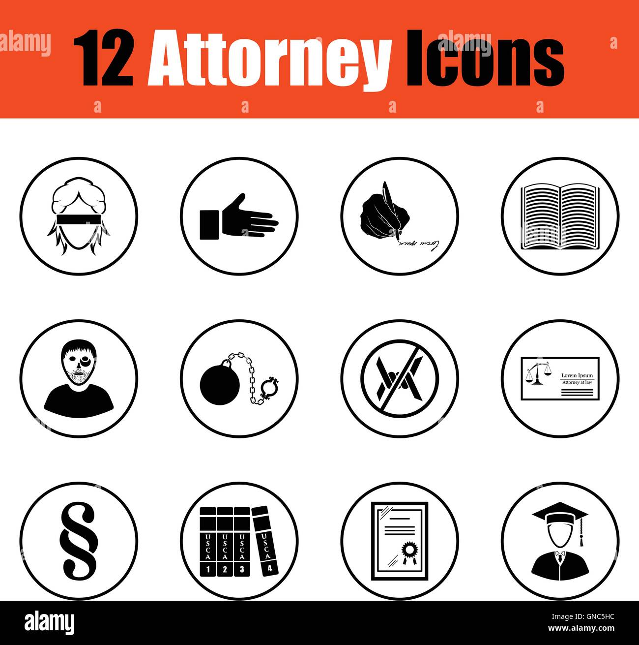 Set of attorney icons. Thin circle design. Vector illustration Stock ...