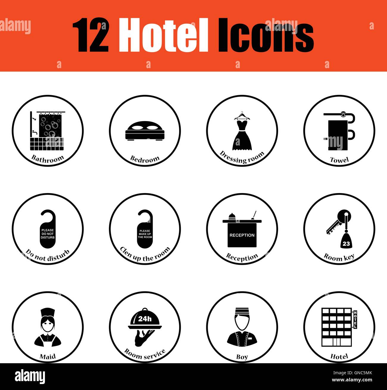 Set of twelve hotel icons. Thin circle design. Vector illustration ...