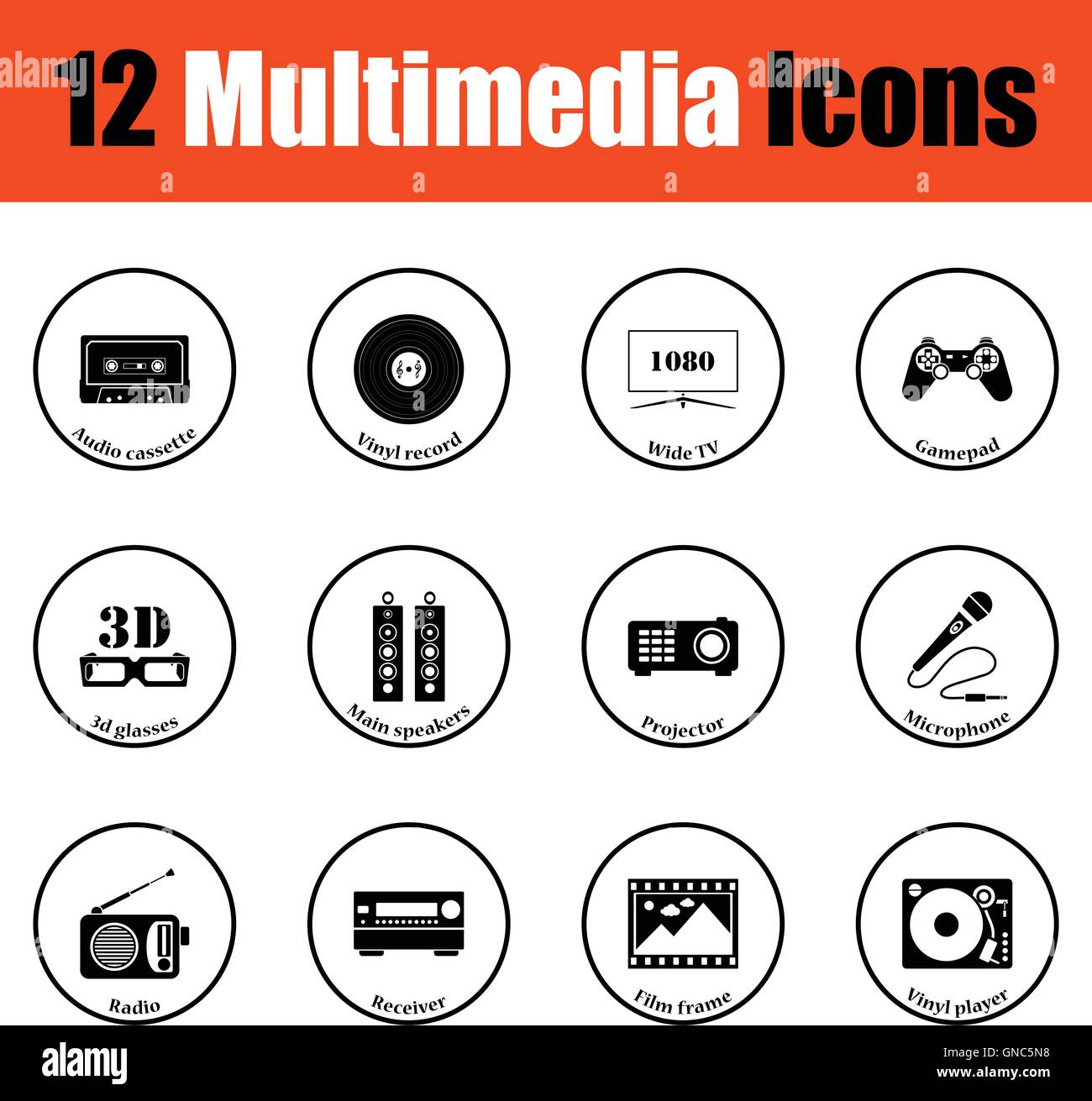 Set of multimedia icons. Thin circle design. Vector illustration Stock ...