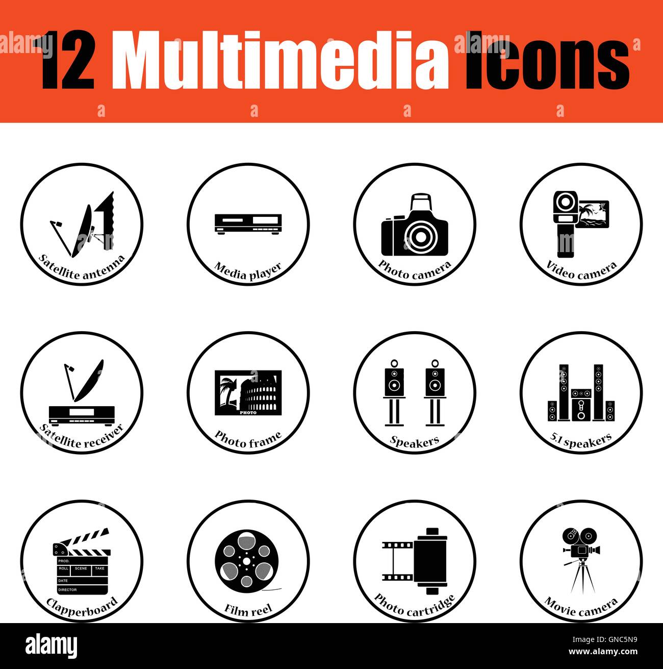 Set of multimedia icons. Thin circle design. Vector illustration Stock ...