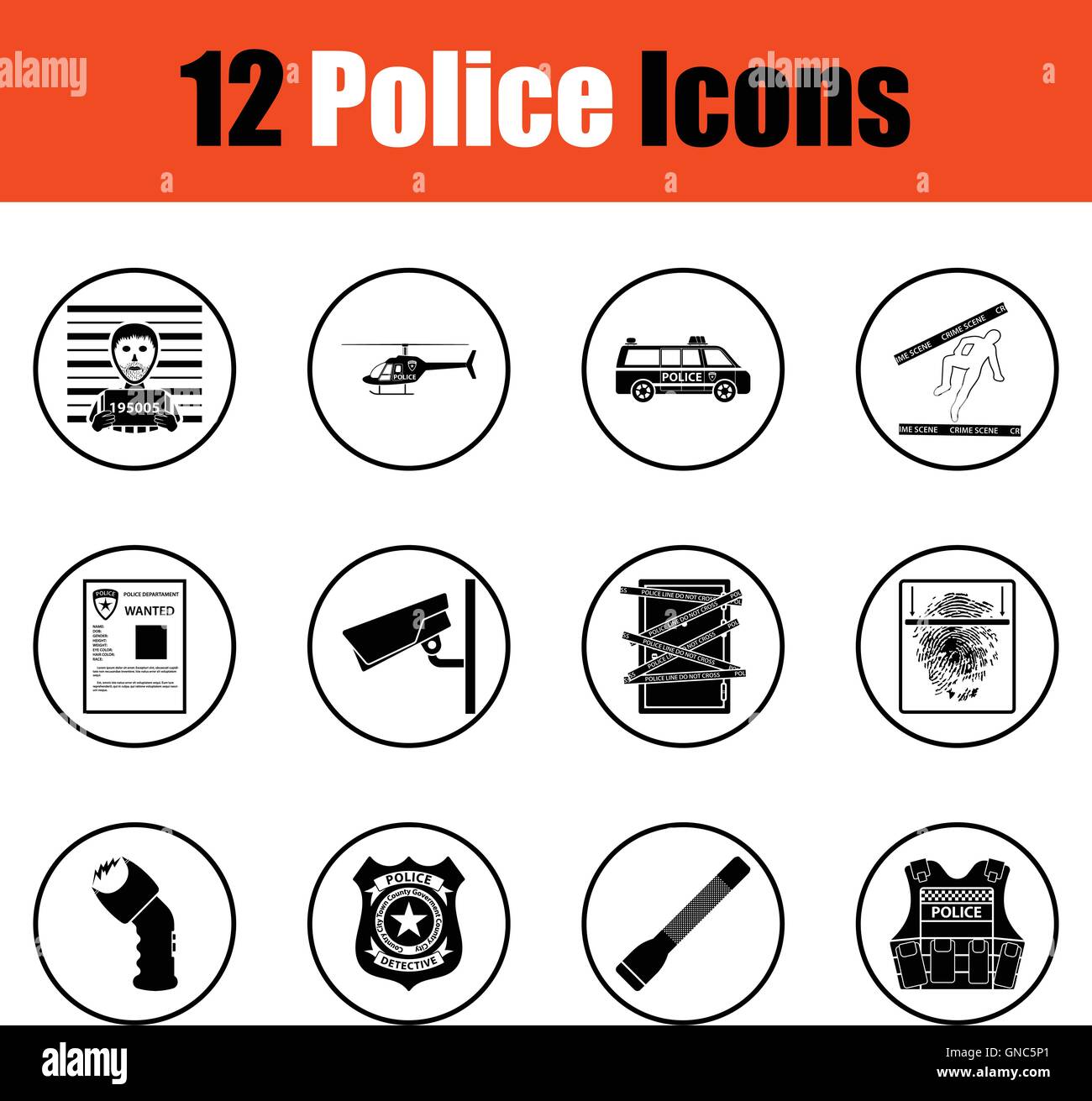Set of police icons. Thin circle design. Vector illustration Stock ...