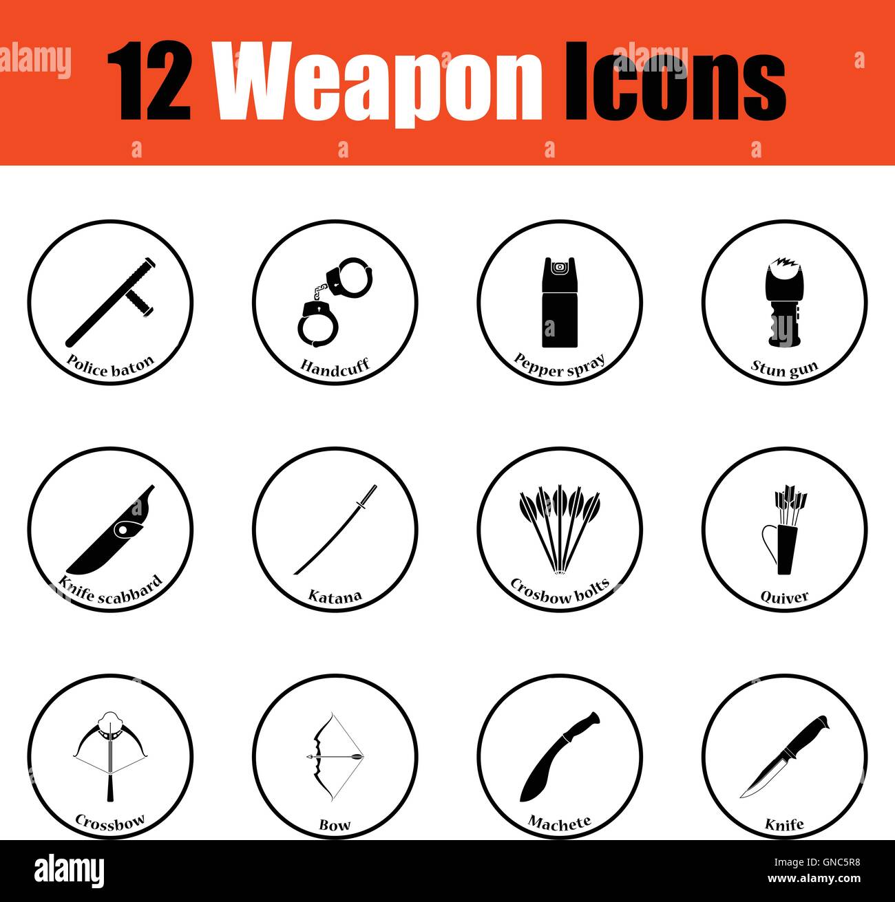 Set of twelve weapon icons. Thin circle design. Vector illustration ...