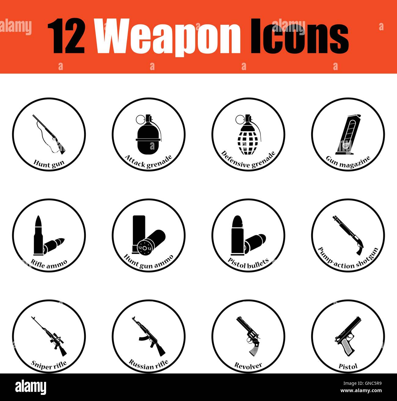 Set of twelve weapon icons. Thin circle design. Vector illustration ...