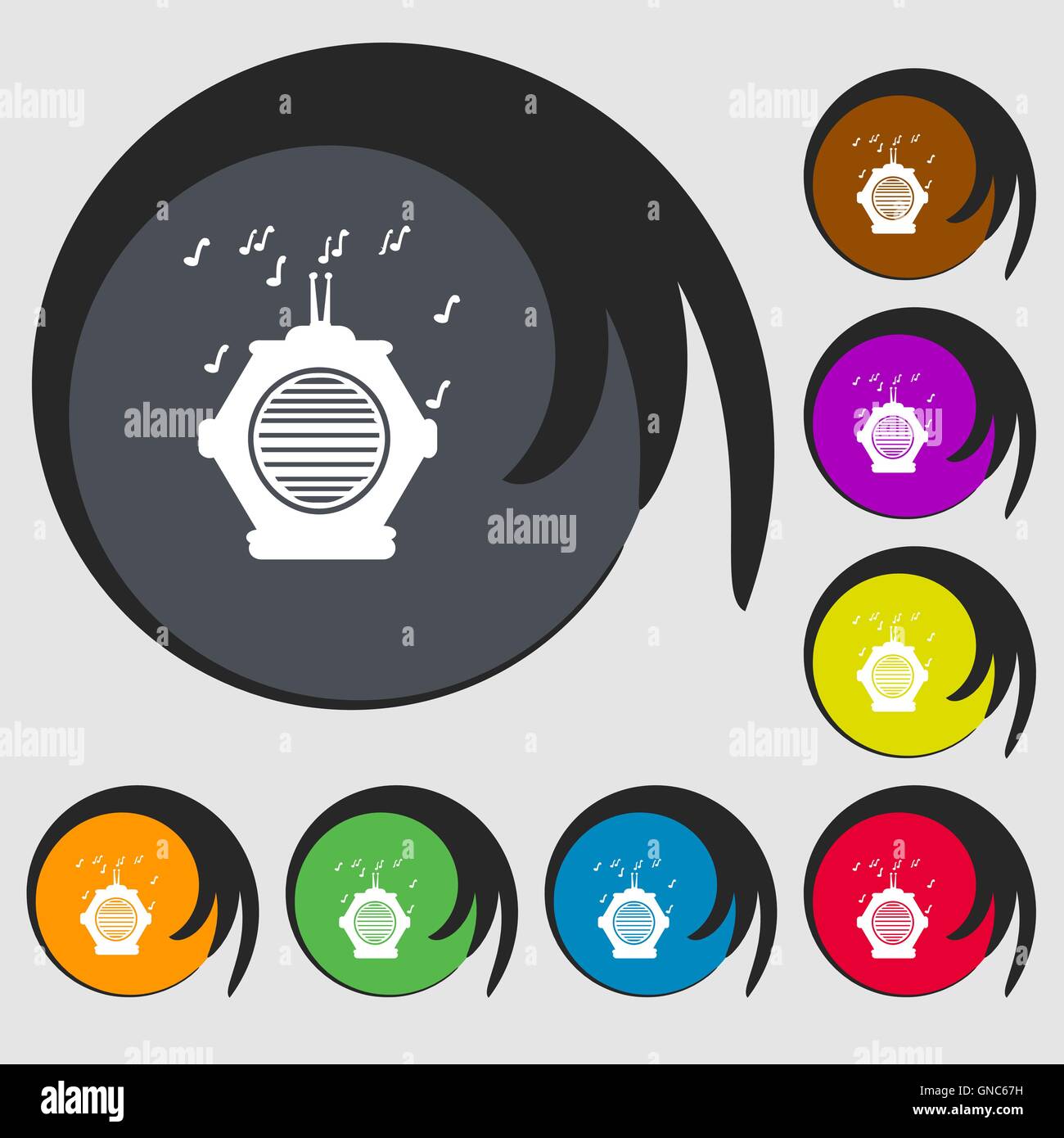 old analog radio sign icon. Symbols on eight colored buttons. Vector ...