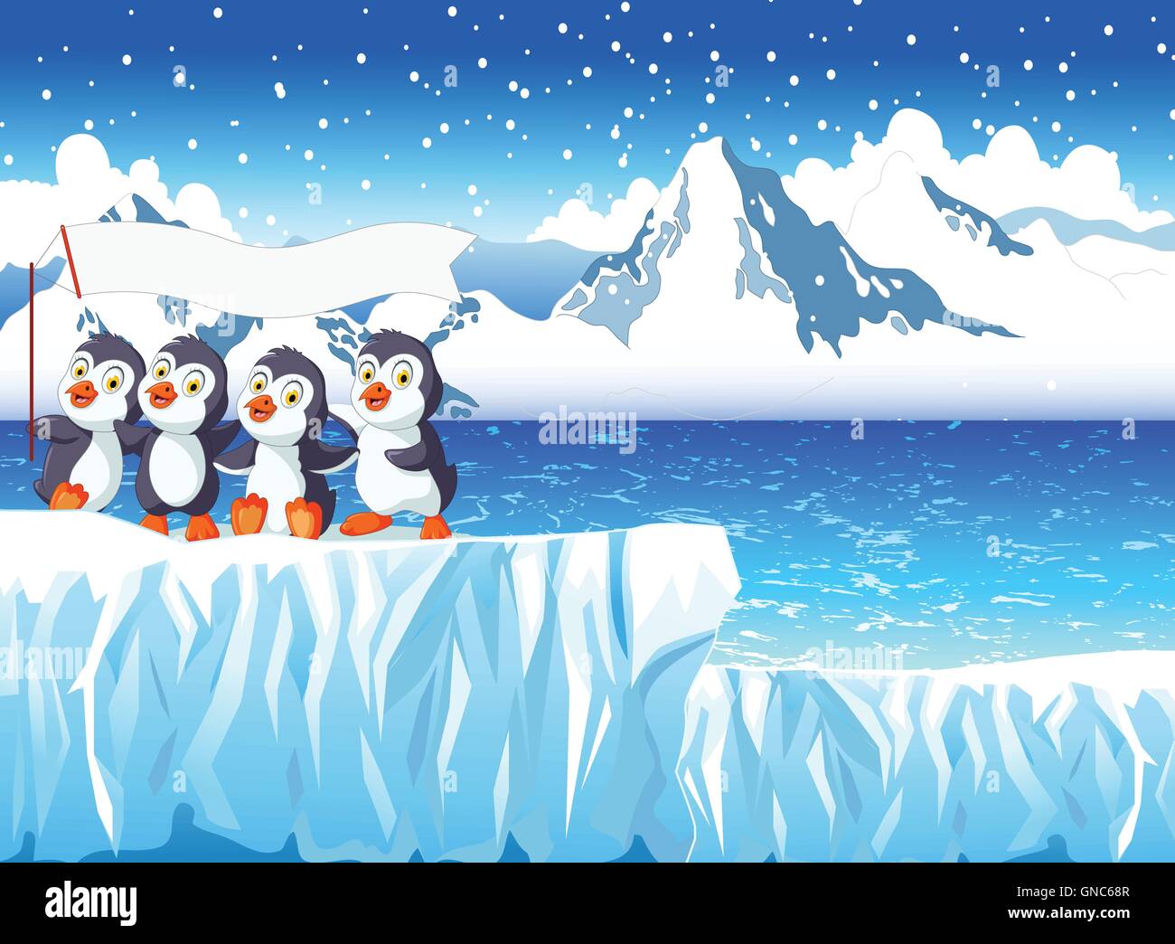 funny penguins holding flag with snow mountain landscape background ...