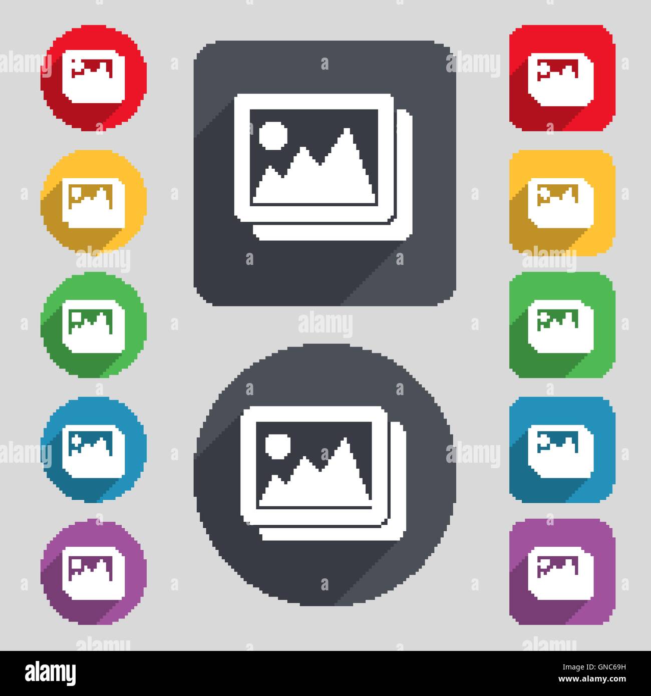 images, jpeg, photograph icon sign. A set of 12 colored buttons and a ...