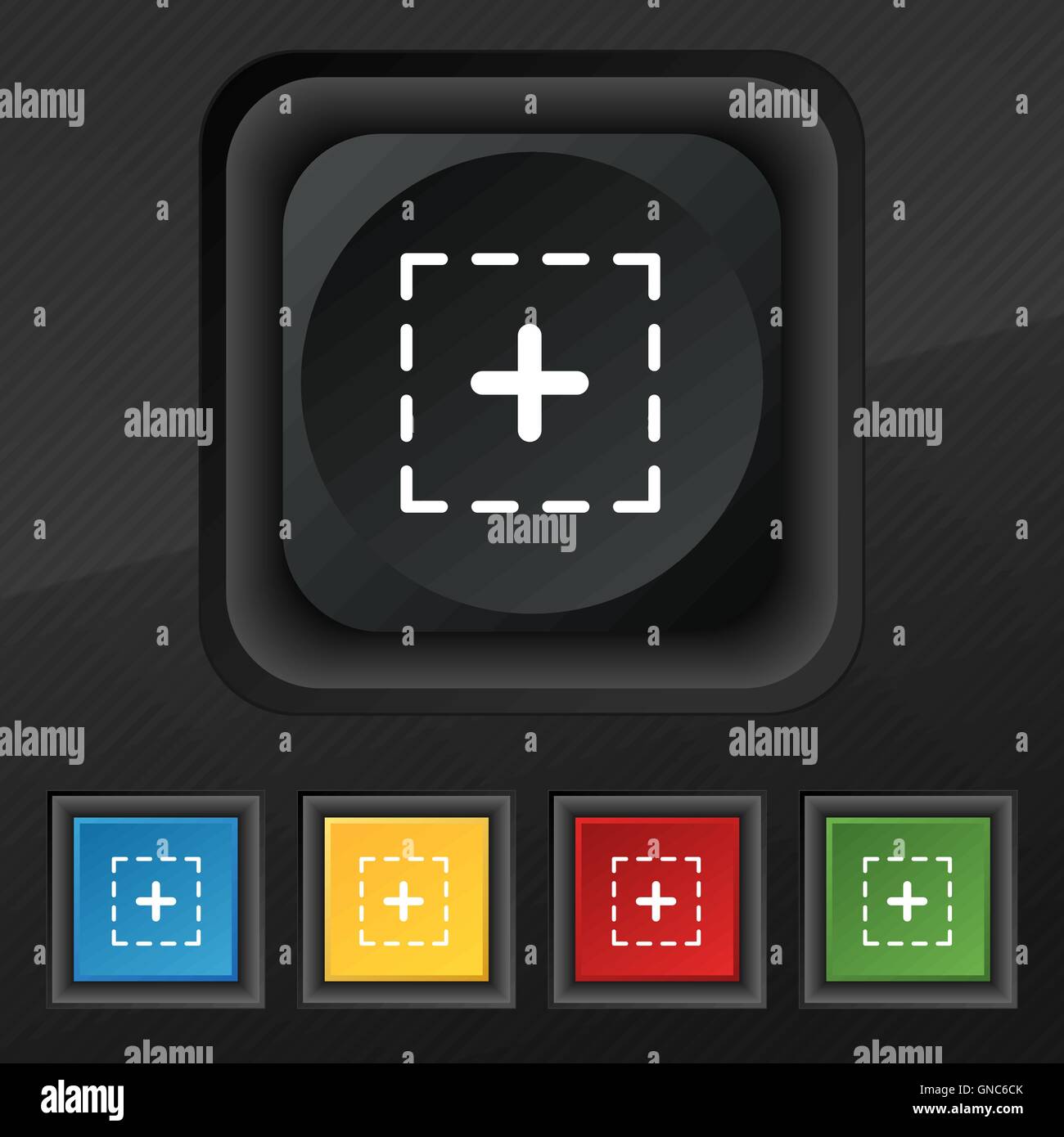 Plus in square icon symbol. Set of five colorful, stylish buttons on ...