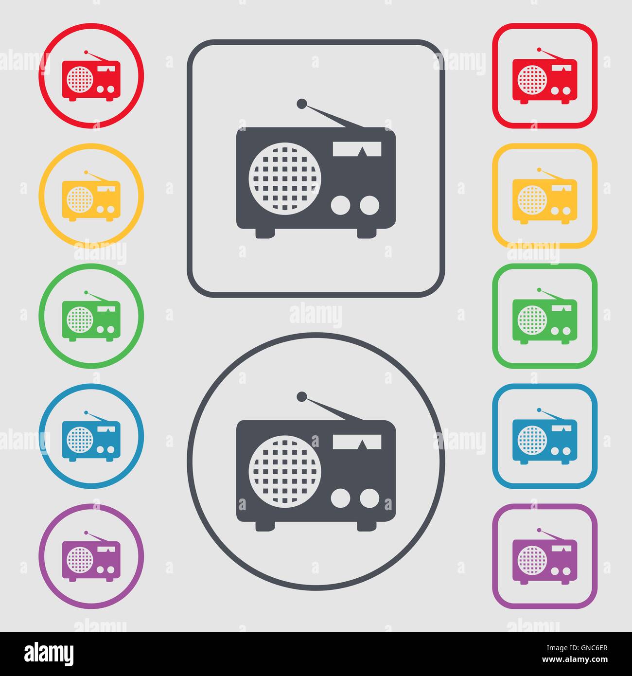 Retro radio icon sign. symbol on the Round and square buttons with ...