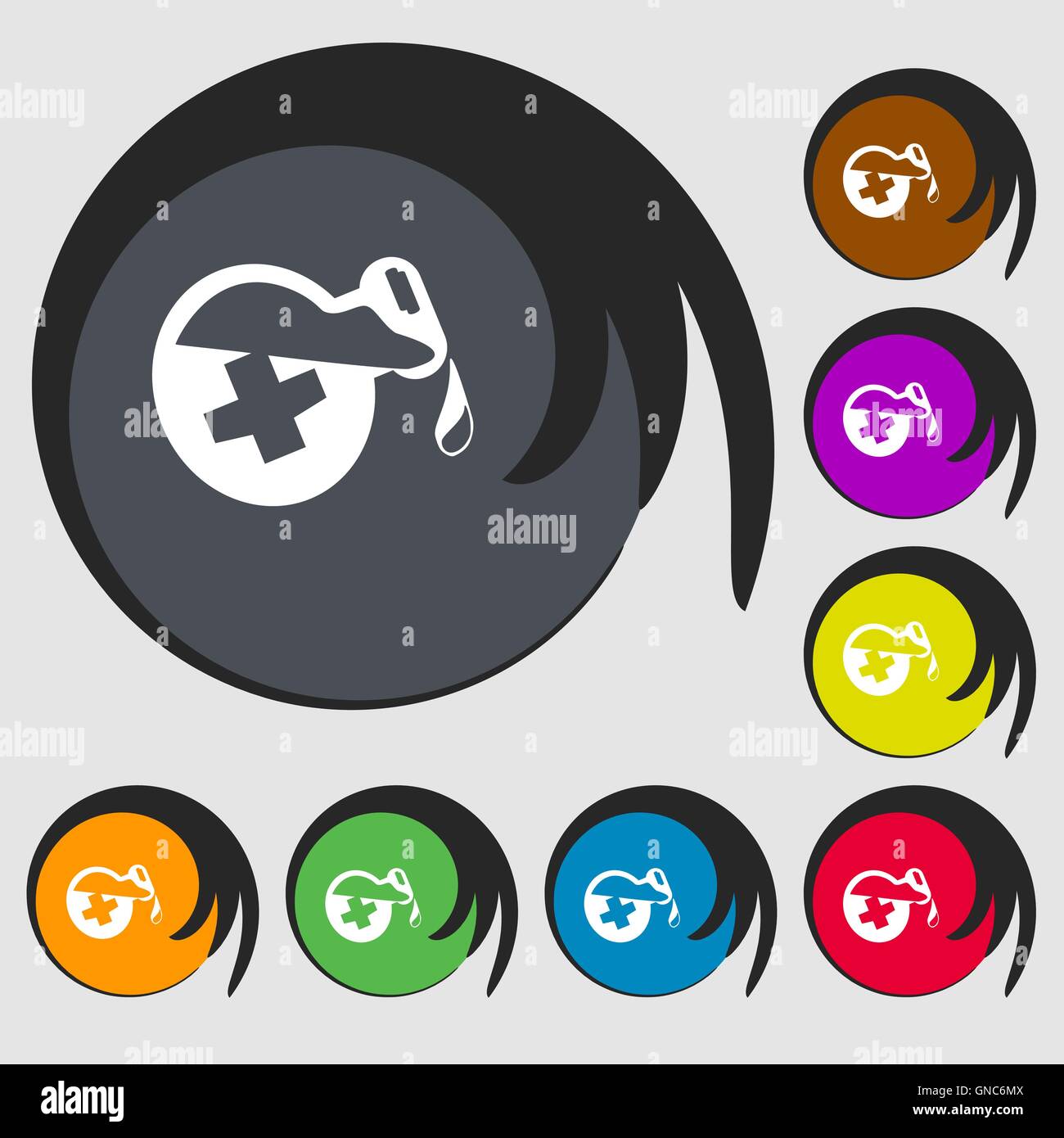 life healing potion decanter bottle sign icon. Symbols on eight colored ...