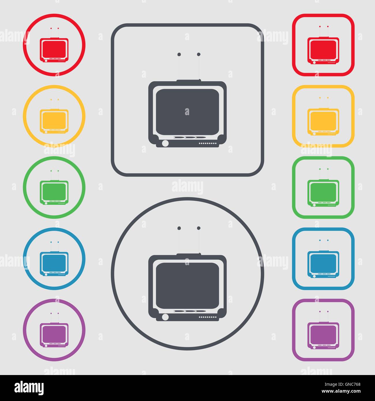 TV icon sign. symbol on the Round and square buttons with frame. Vector ...