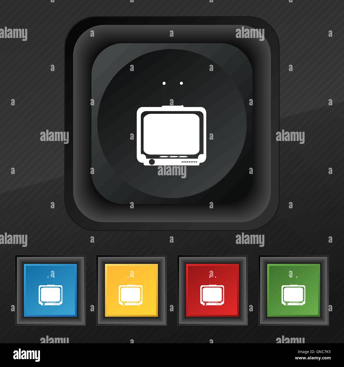 TV icon symbol. Set of five colorful, stylish buttons on black texture ...