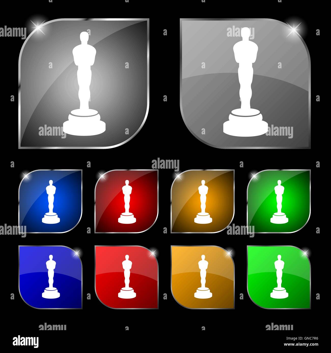Oscar statuette icon sign. Set of ten colorful buttons with glare ...