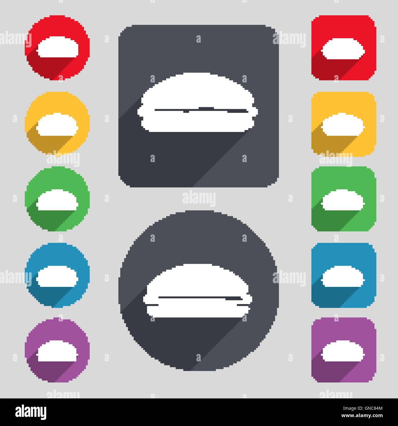 Burger, hamburger icon sign. A set of 12 colored buttons and a long ...