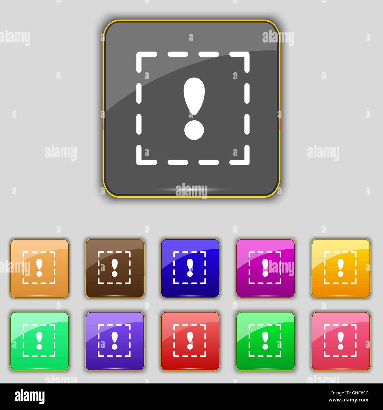 The exclamation point in a square icon sign. Set with eleven colored ...
