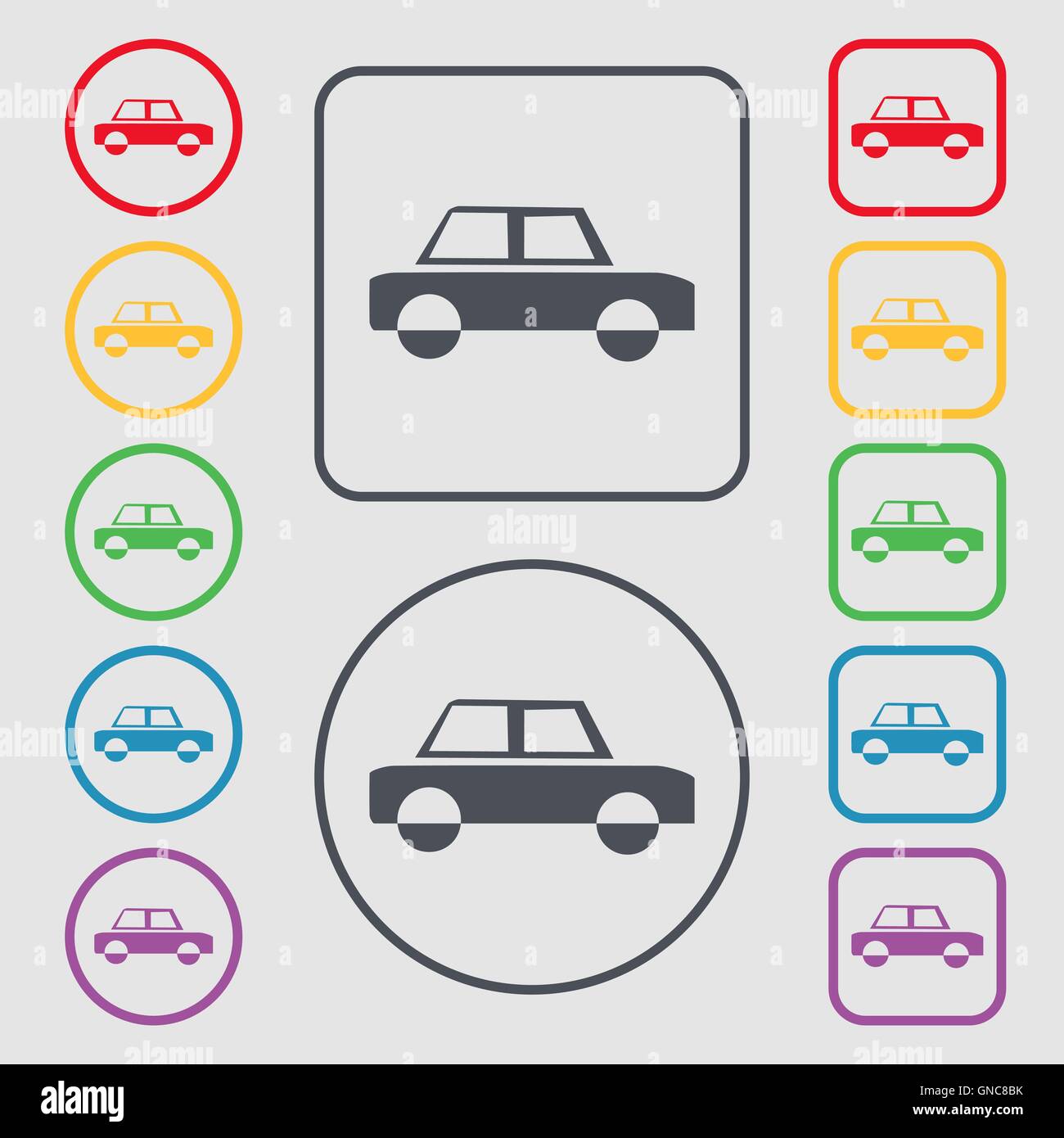 Car icon sign. symbol on the Round and square buttons with frame ...