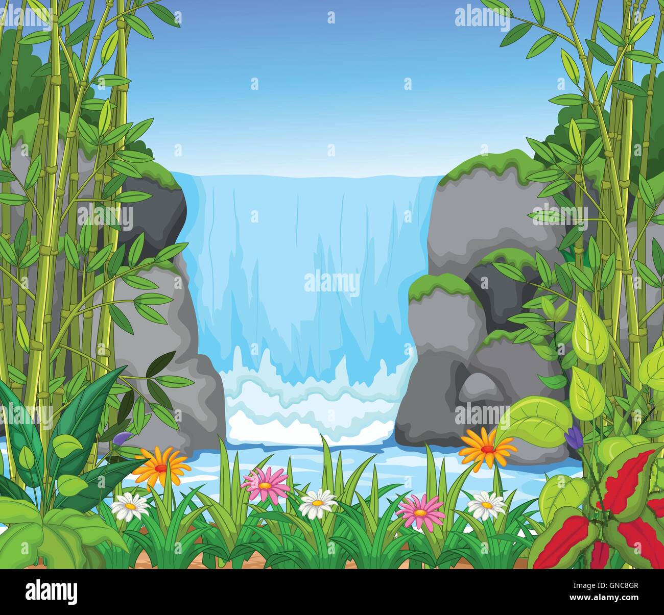 Vector cartoon landscape waterfall Stock Vector Images - Alamy