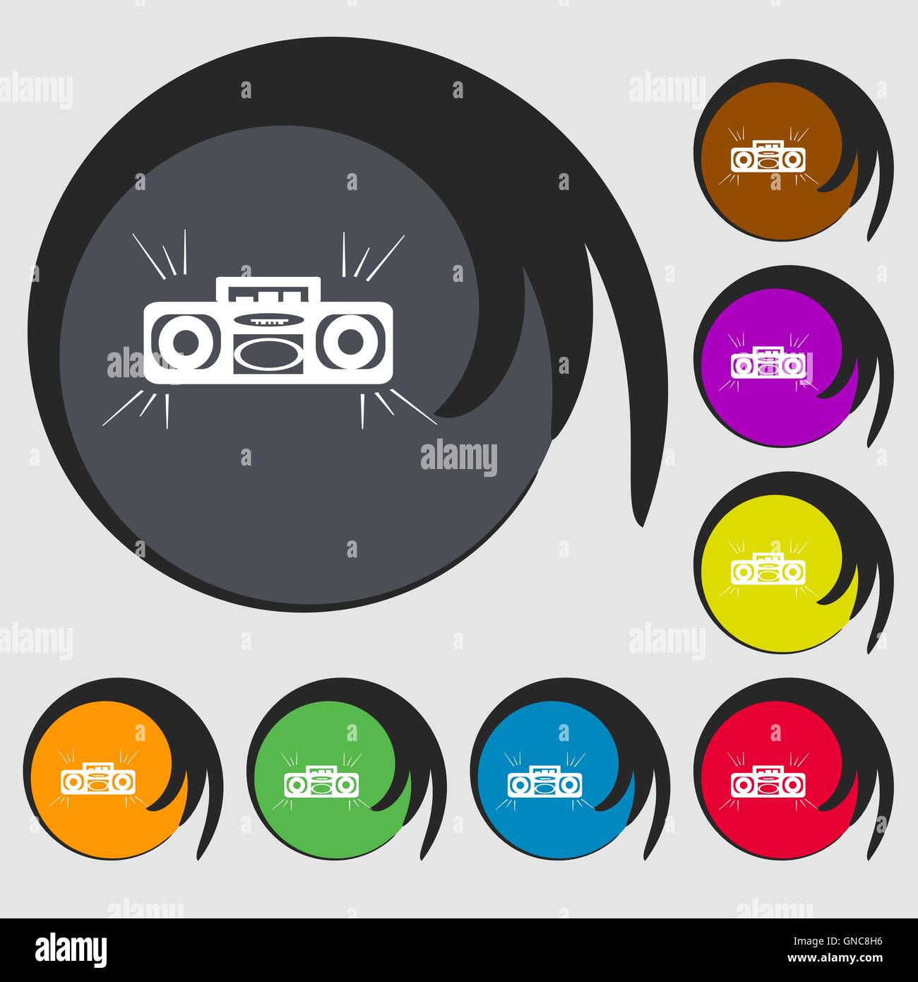 Radio cassette player sign icon. Symbols on eight colored buttons ...