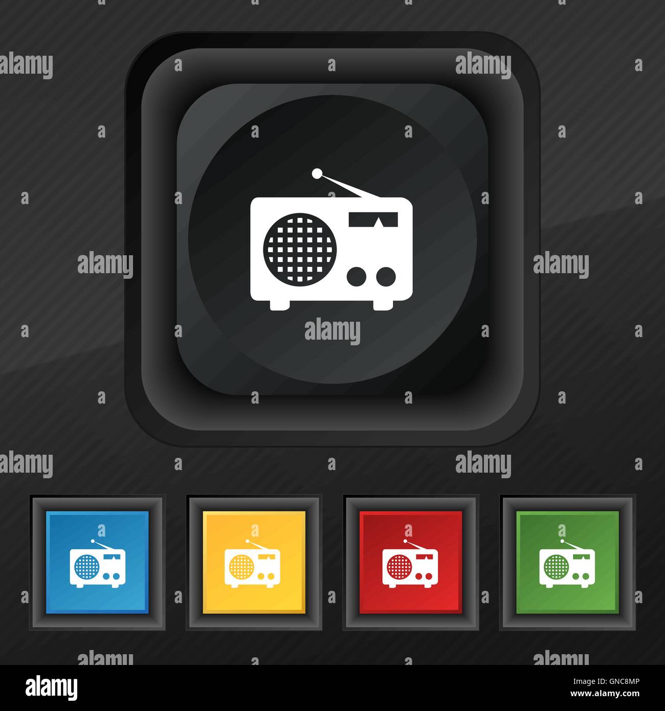 Retro radio icon symbol. Set of five colorful, stylish buttons on black ...