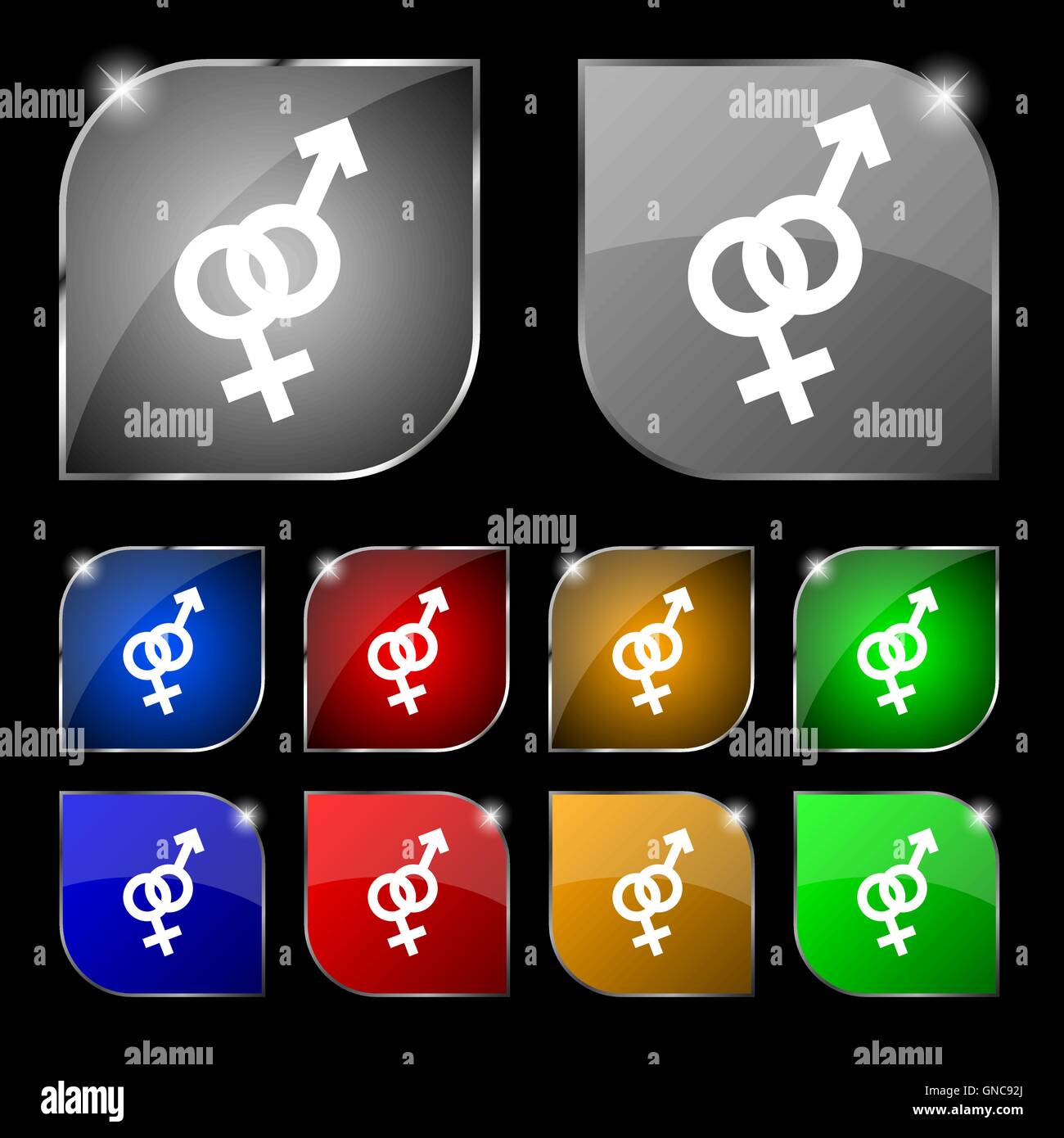 Male and female icon sign. Set of ten colorful buttons with glare ...