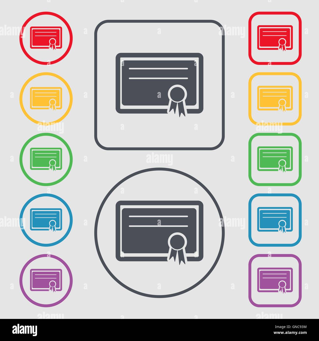 Certificate icon sign. symbol on the Round and square buttons with ...