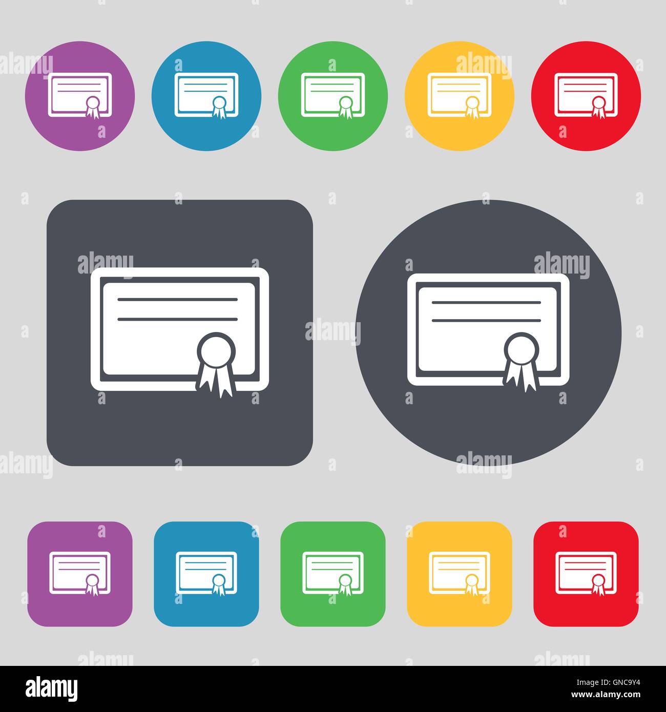 Certificate icon sign. A set of 12 colored buttons. Flat design. Vector ...