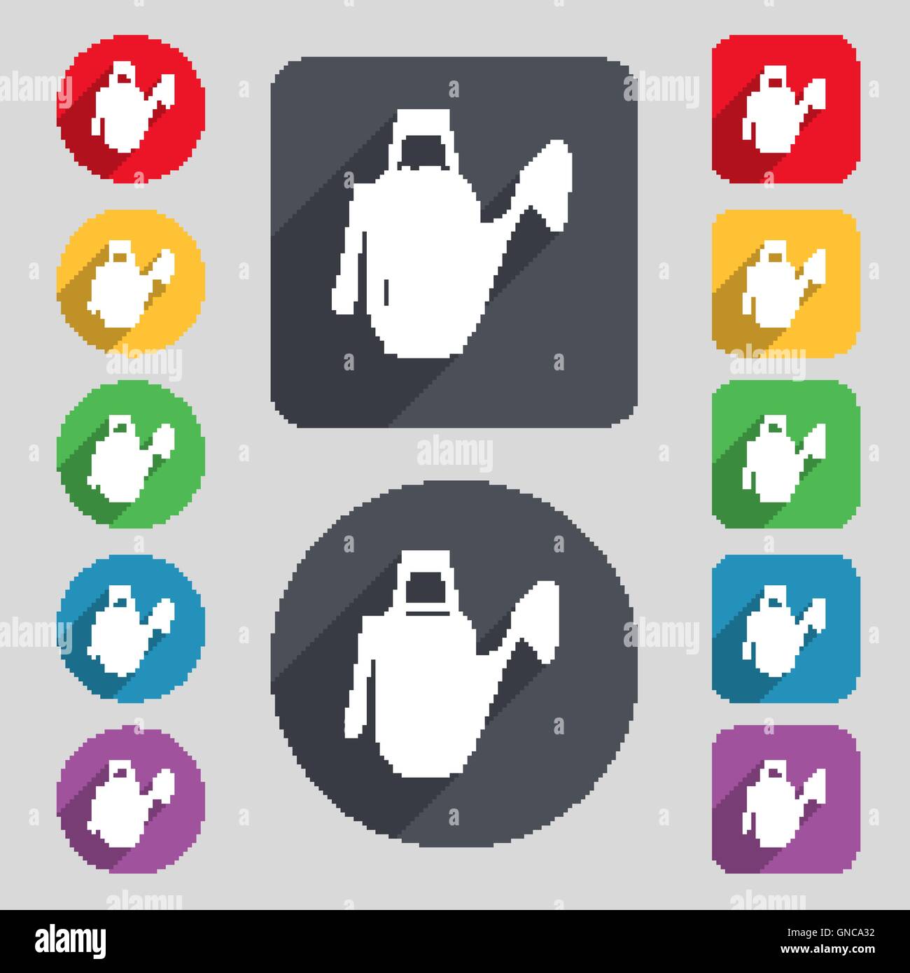 Watering can icon sign. A set of 12 colored buttons and a long shadow ...