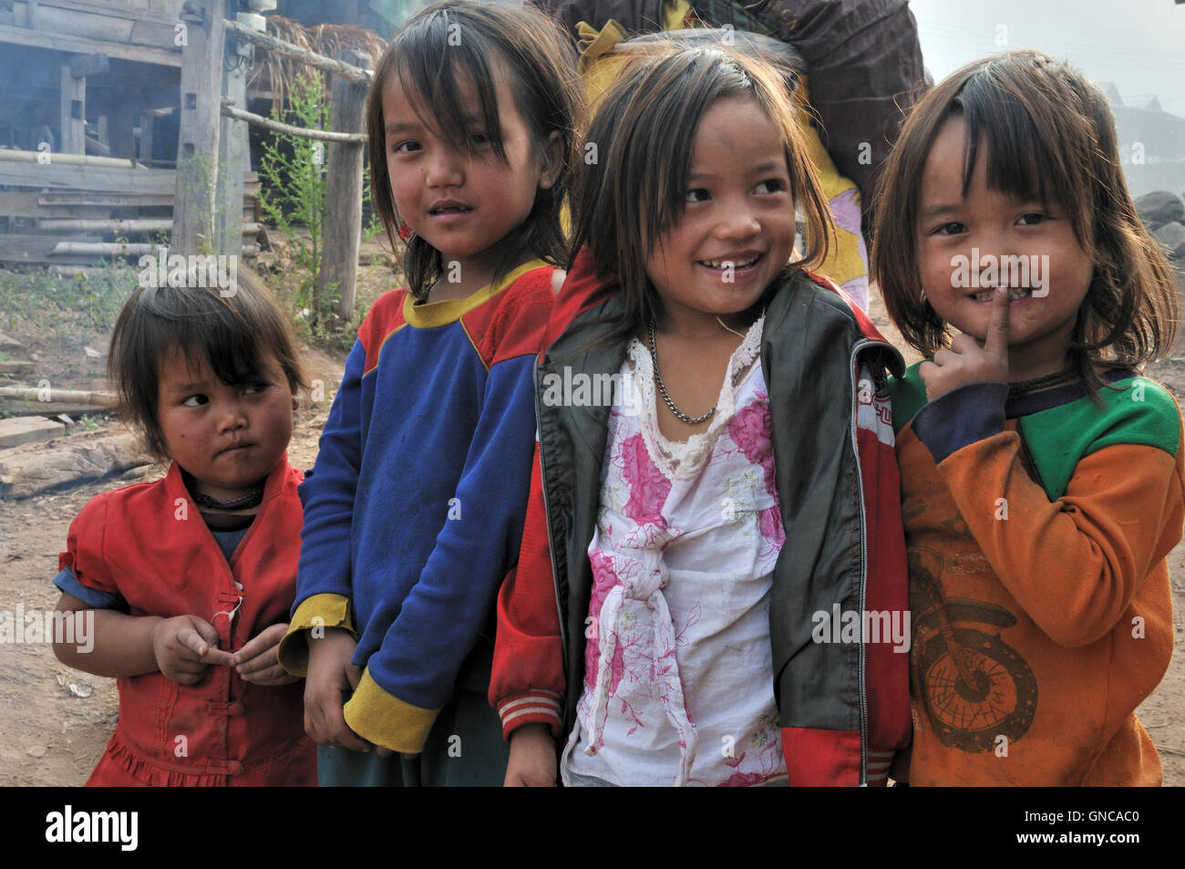 Akha Village, Group of Four Children Stock Photo - Alamy