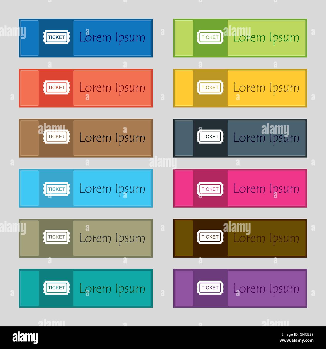 Ticket icon sign. Set of twelve rectangular, colorful, beautiful, high ...